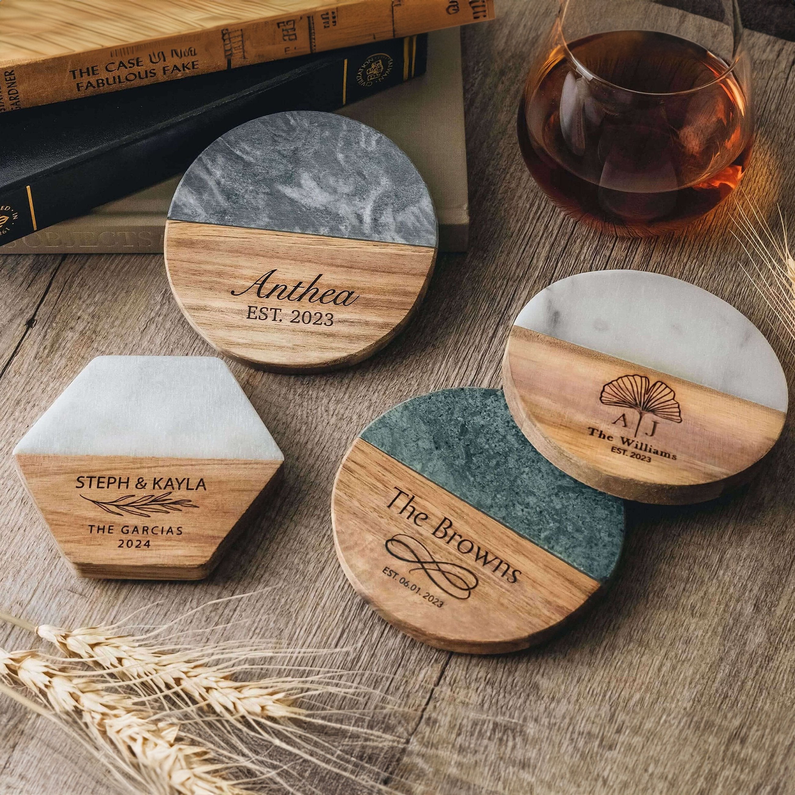Personalized Wood Coaster Set – Custom Marble & Wood Coasters – Dreamy ...